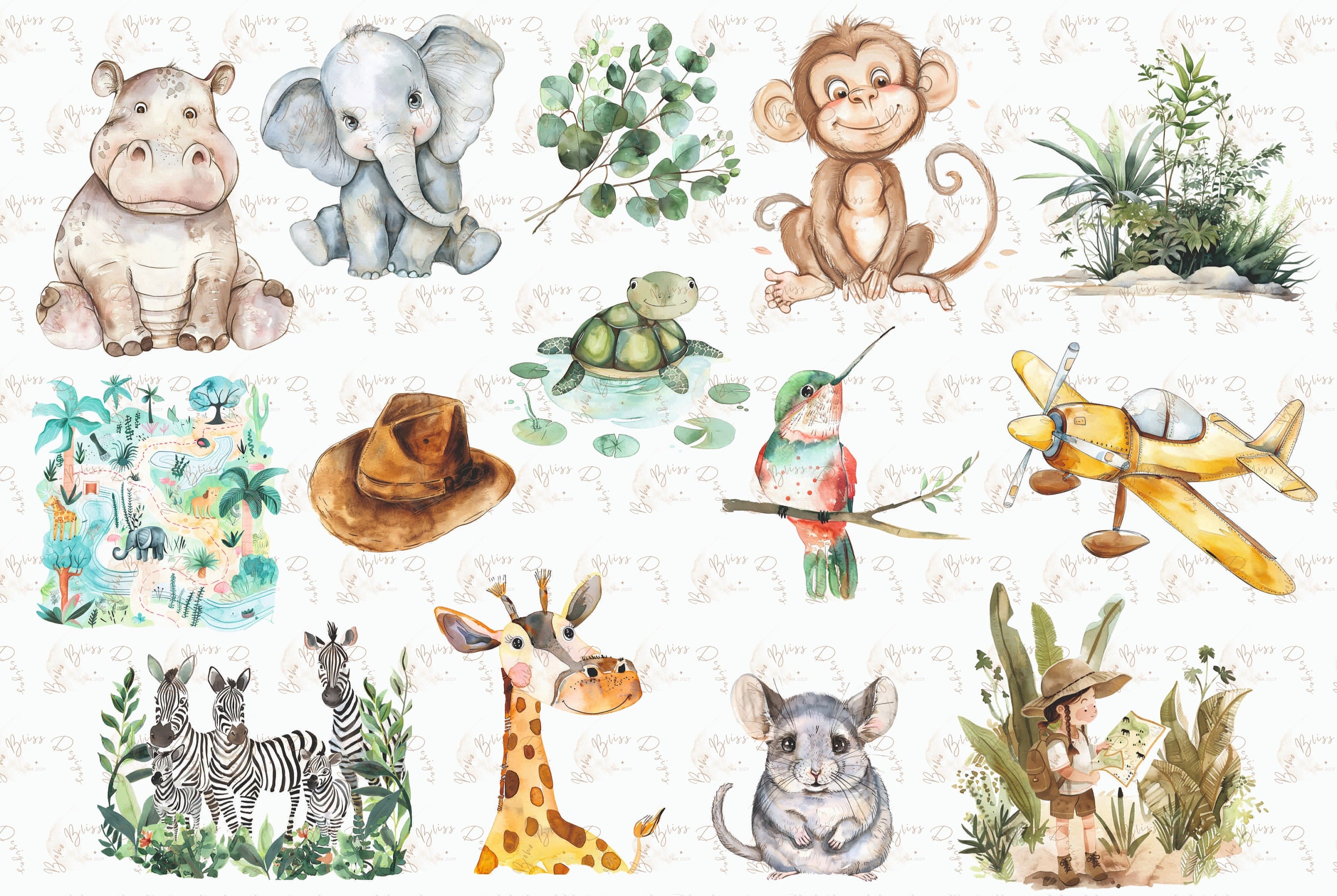 Cute Jungle Animals Clipart, Safari Baby Animal PNG, Watercolor Animal ...