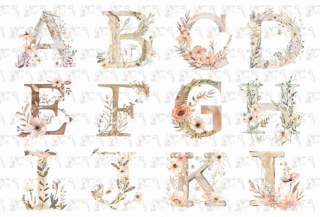 Alphabet Clipart Set, Watercolor Initials, A-Z Flower Alphabet, Baby ...