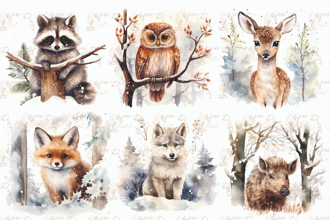 Winter Clipart Animal Clipart Watercolor Christmas Animals - Etsy