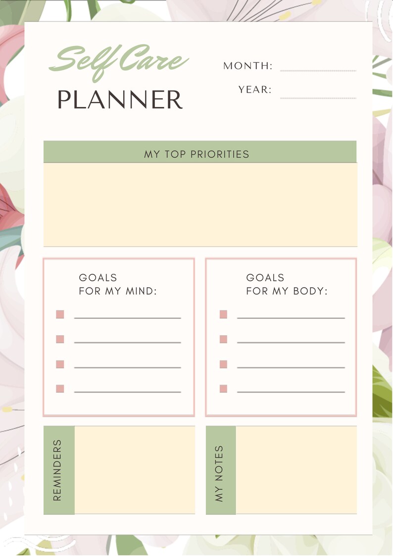 Self-care Planner, Wellness Journal, Goals Tracker (digital Download ...