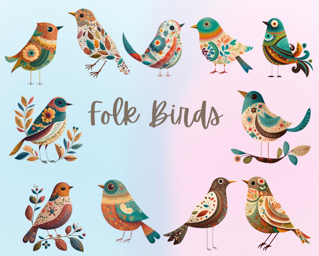 Folk Birds Clipart: Watercolor Pngs of Birds for Digital Download ...