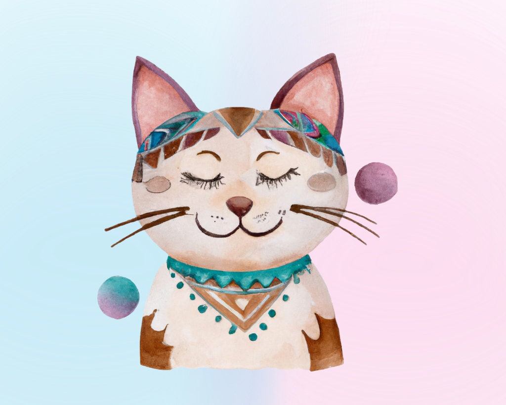 Cats Clipart Watercolor, Boho Cats Png, Boho Cute Cats, Digital ...