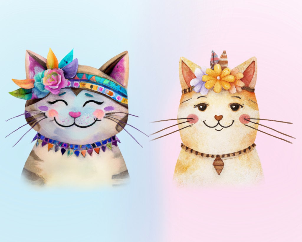 Cats Clipart Watercolor, Boho Cats Png, Boho Cute Cats, Digital ...
