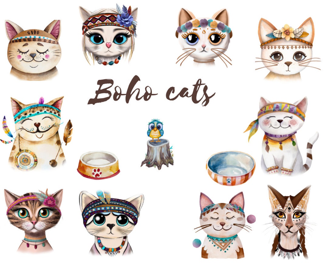 Boho Cats Clipart,watercolor Cats Png, Cute Cats, Digital Download Png - Etsy