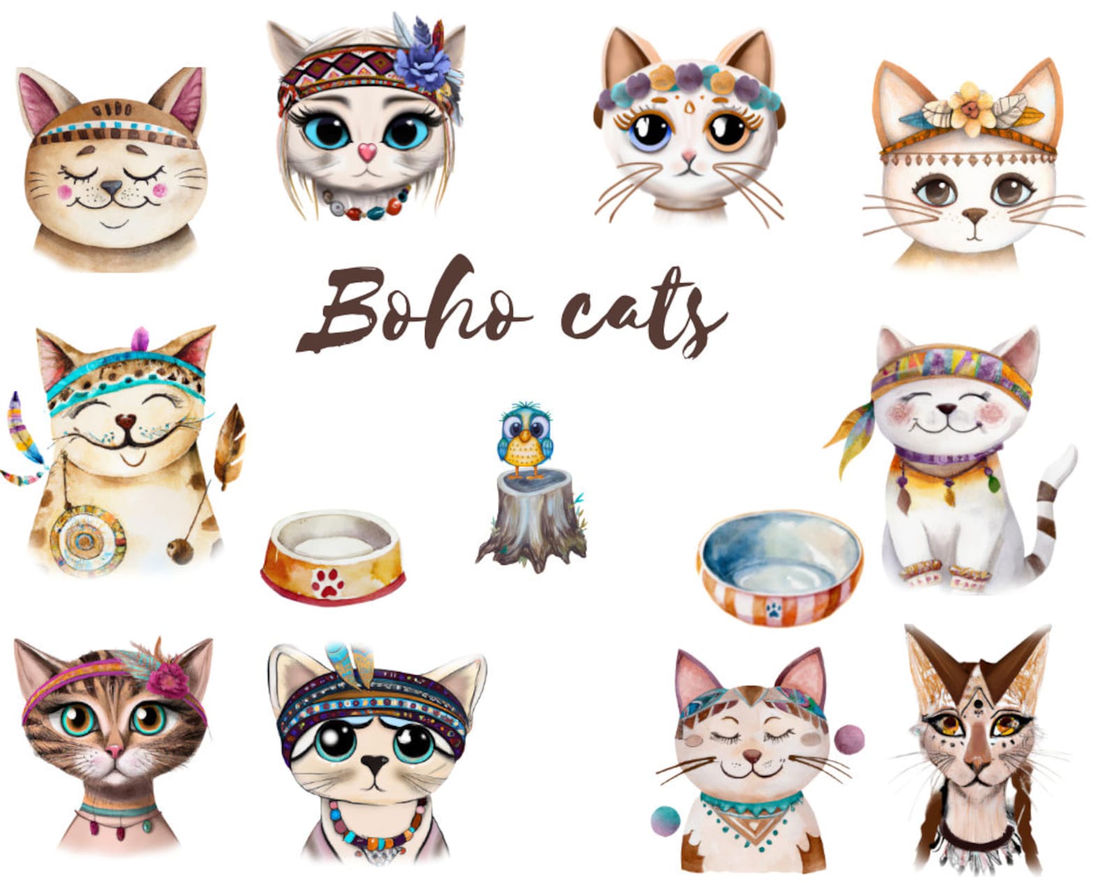 Boho Cats Clipart,watercolor Cats Png, Cute Cats, Digital Download Png ...