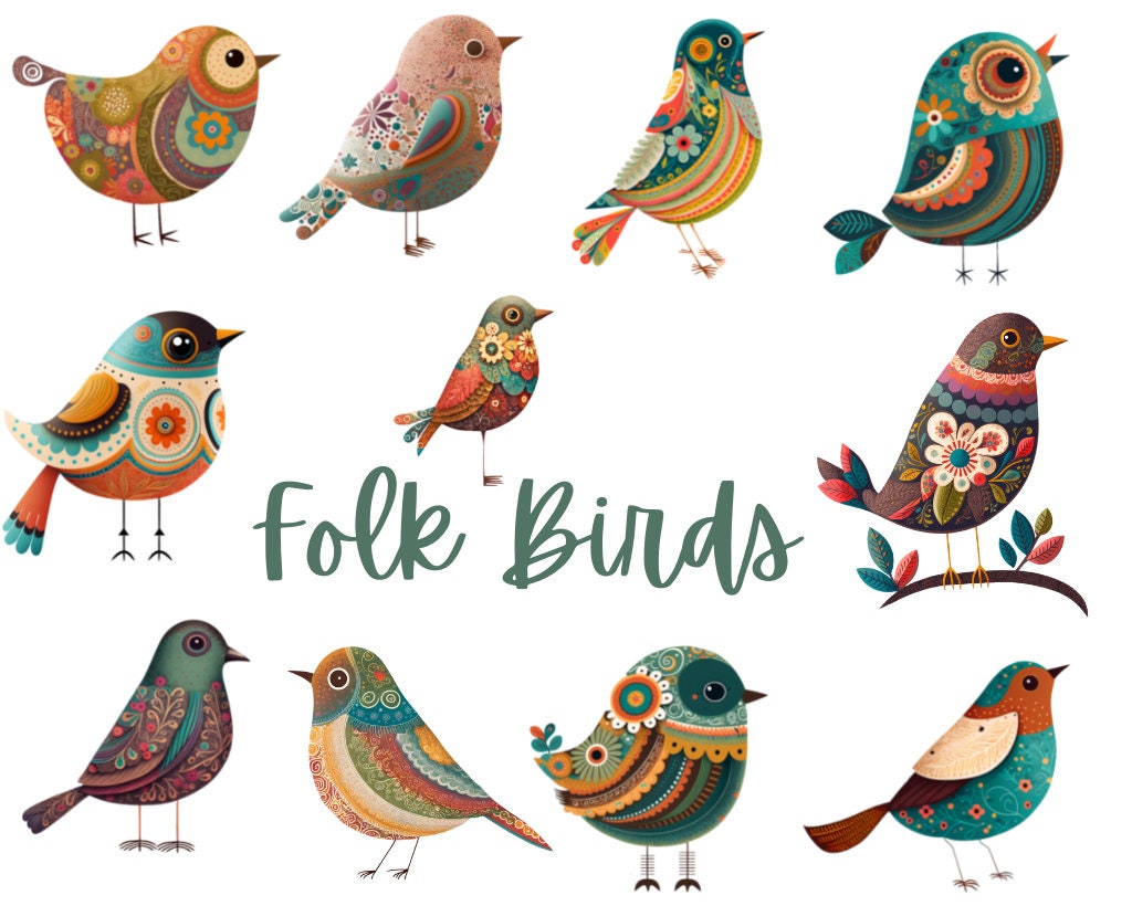 Folk Birds Clipart,birds Watercolor Png, Birds Clipart,digital Download ...