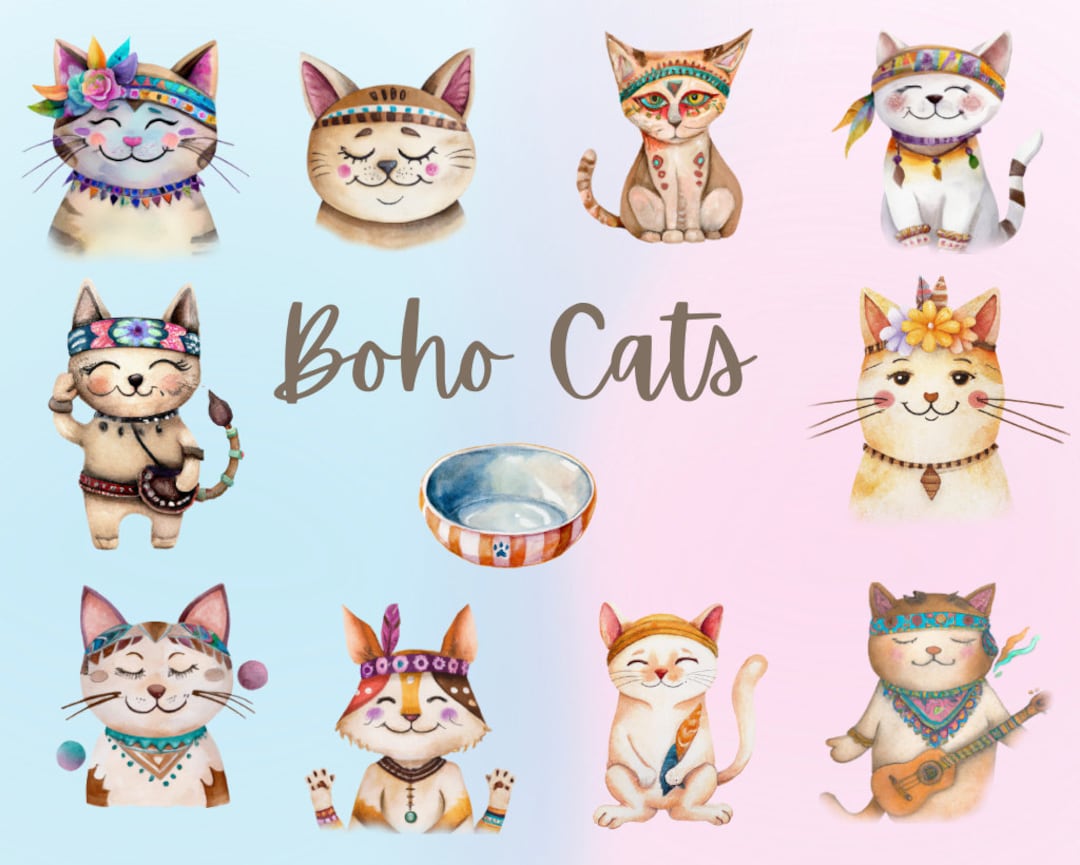Cats Clipart Watercolor, Boho Cats Png, Boho Cute Cats, Digital ...