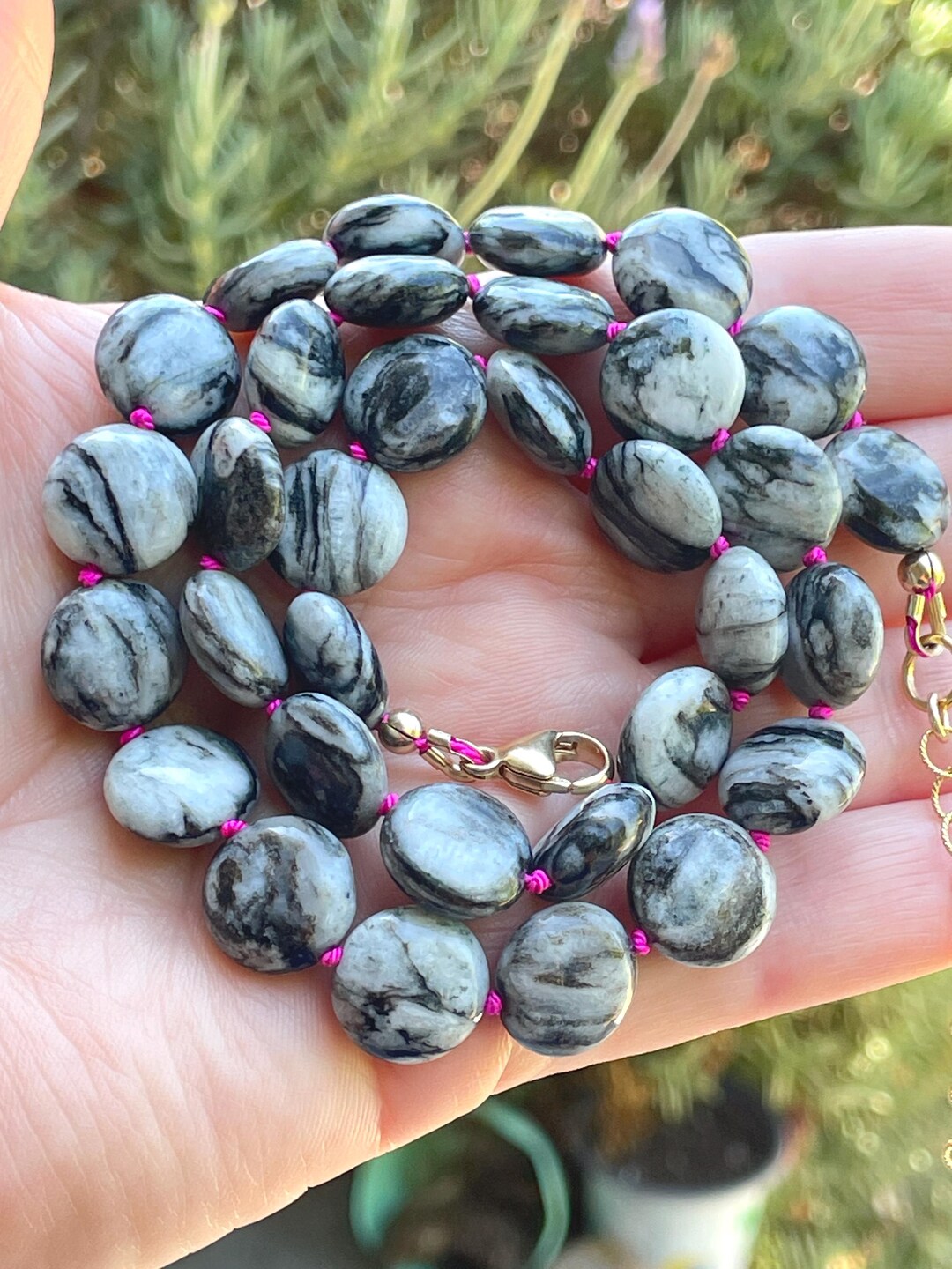 18.25” Natural Black Network Silk Stone Spider Web Jasper Coin Necklace ...