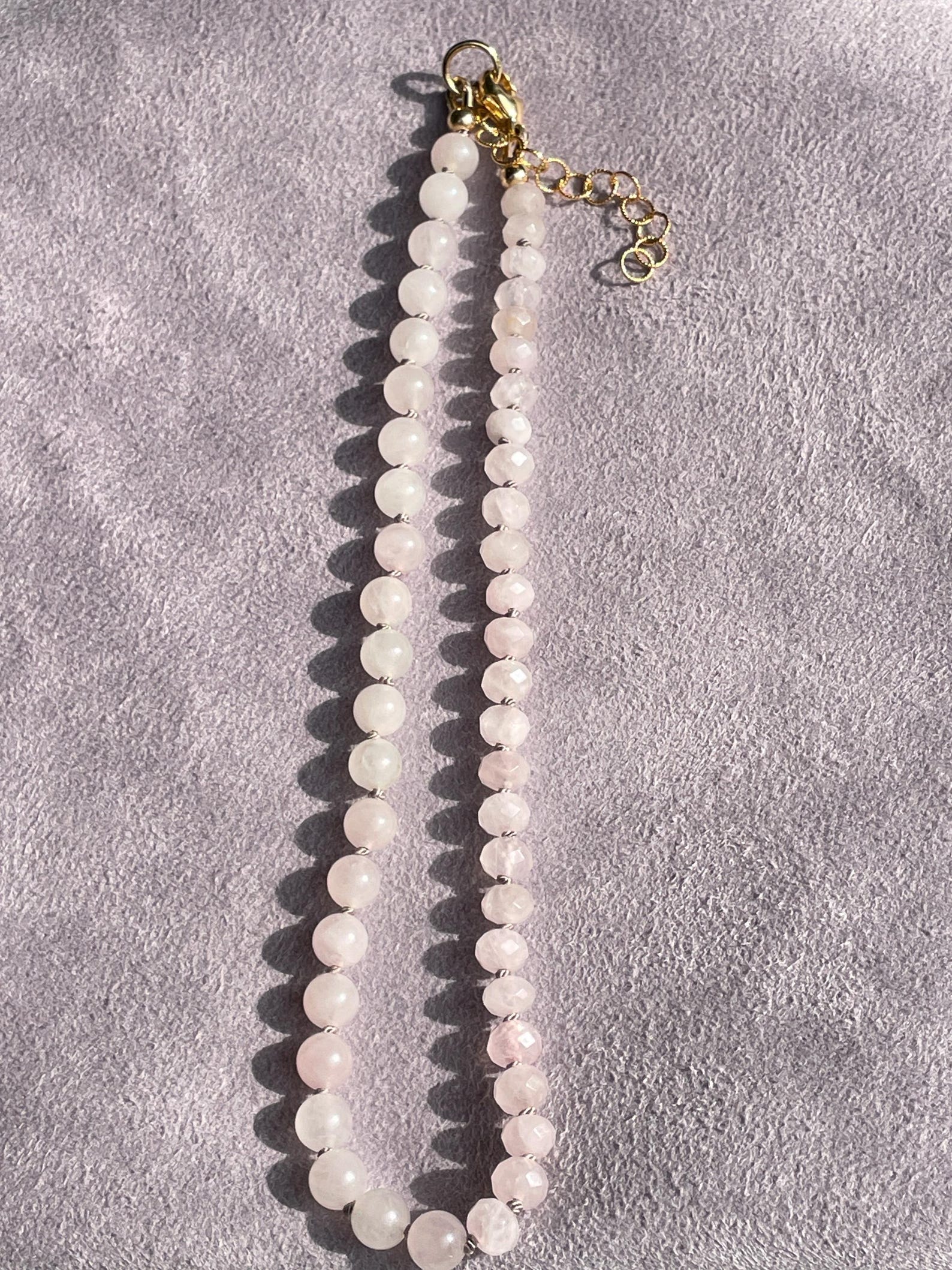13.25” Rose Quartz Beaded Choker Necklace, 50/50 Design Hand Knotted on ...