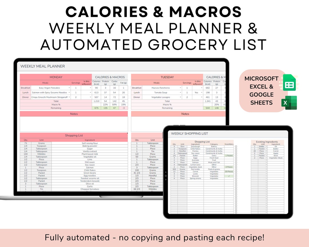 Weekly Meal Planner & Automated Grocery List | Calories and Macros Tracker | Google Sheets Excel ...