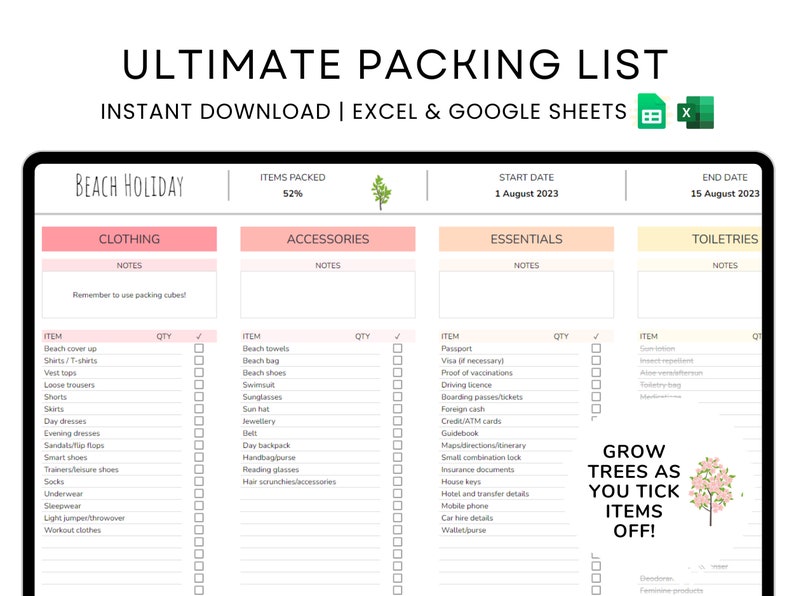 Editable Packing List Template | Google Sheets Excel | Holiday Vacation ...
