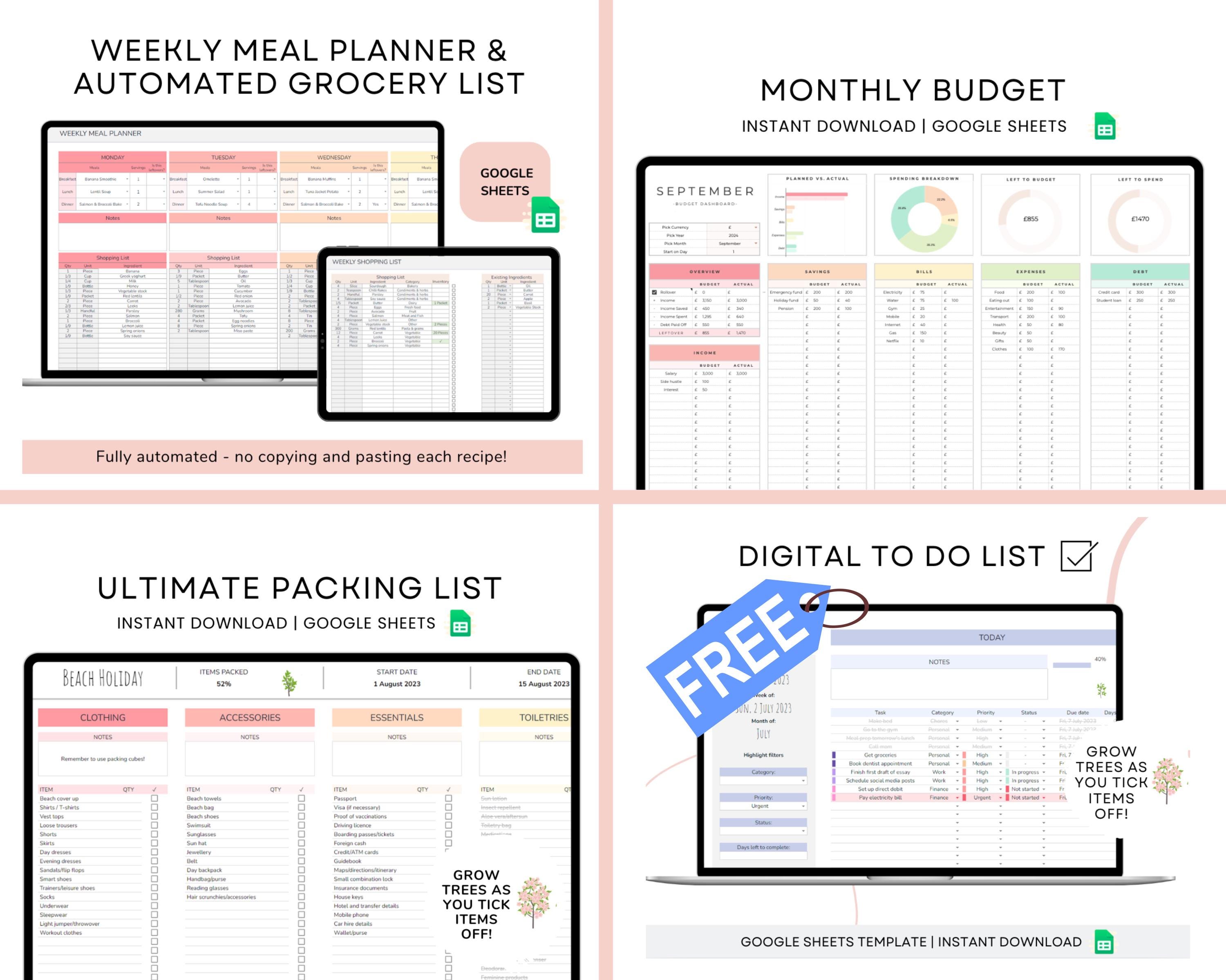Productivity Google Sheets Bundle – Meal Planner, Budget Tracker & To ...