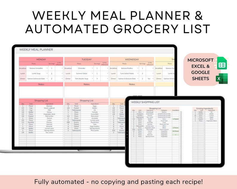 Digital Weekly Meal Planner: Automated Grocery List (google Sheets ...