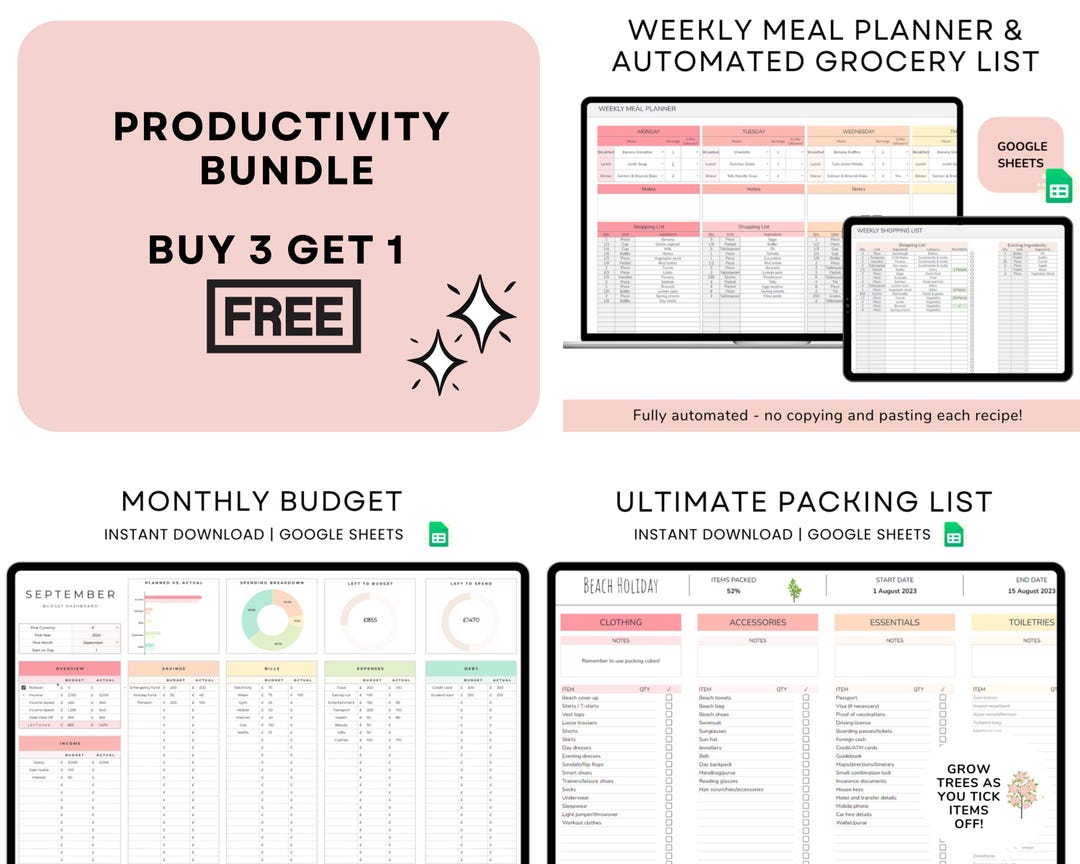 Productivity Google Sheets Bundle – Meal Planner, Budget Tracker & To ...