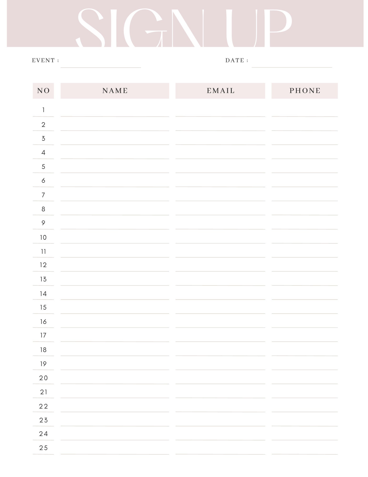 Sign up Planner, Simple and Clean Sign up Sheet, Sign up Template ...