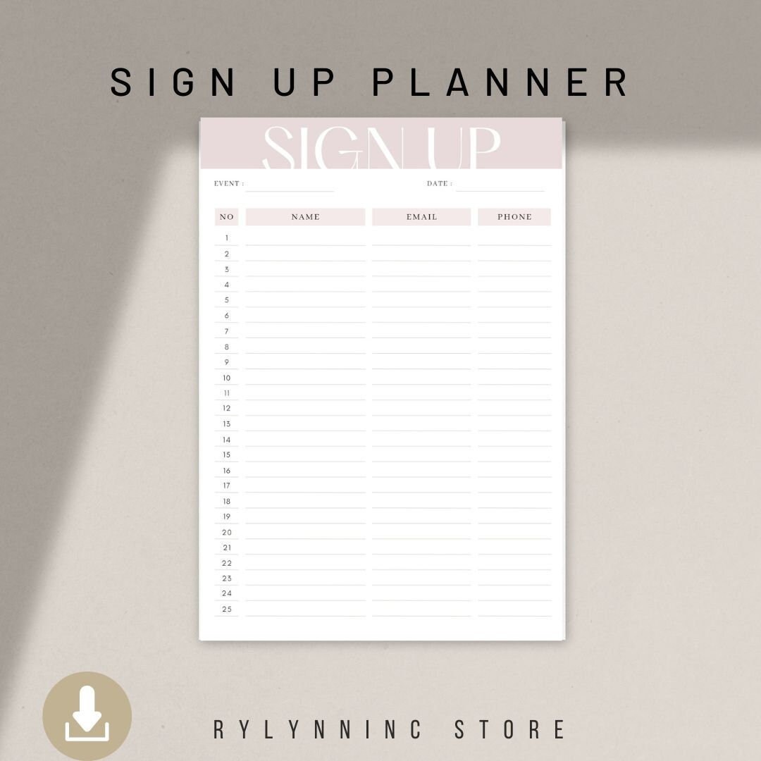 Sign up Planner, Simple and Clean Sign up Sheet, Sign up Template ...