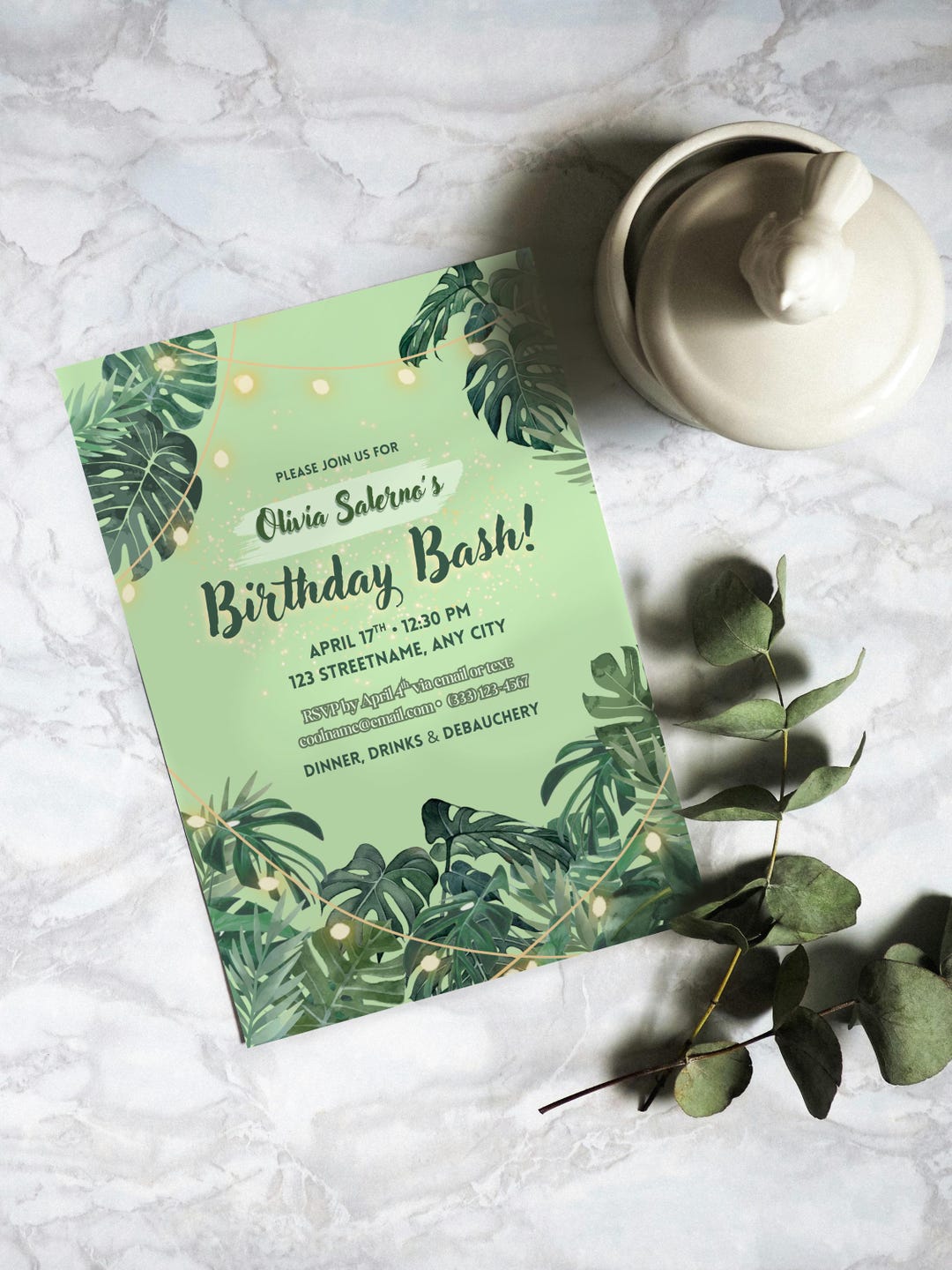 Editable Canva Template | Monstera Leaf Birthday Invitation – Tropical ...