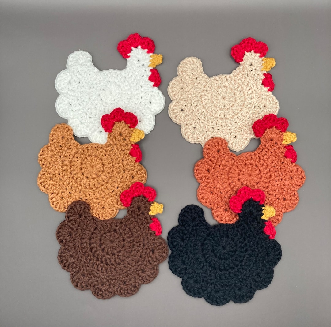 Crochet Chicken Coaster, Sets of 4 or 6, Crochet Coaster, Chicken ...