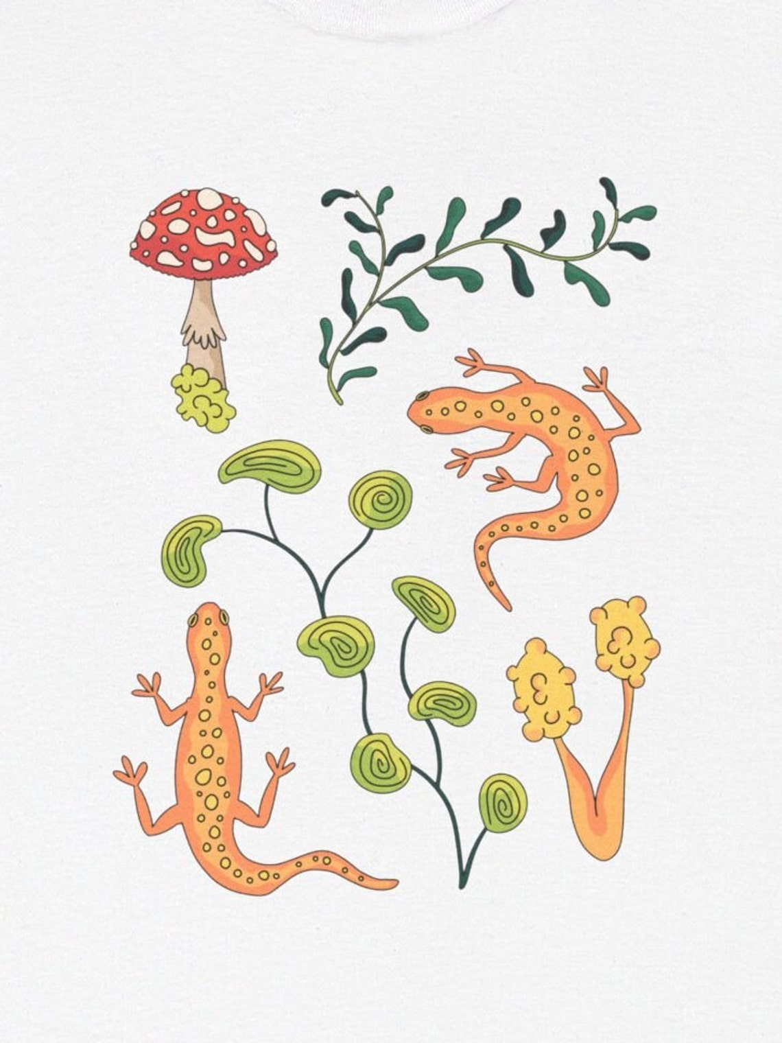 Woodland Doodle Art Tee, Newt Mushroom & Plants Illustration Tshirt ...