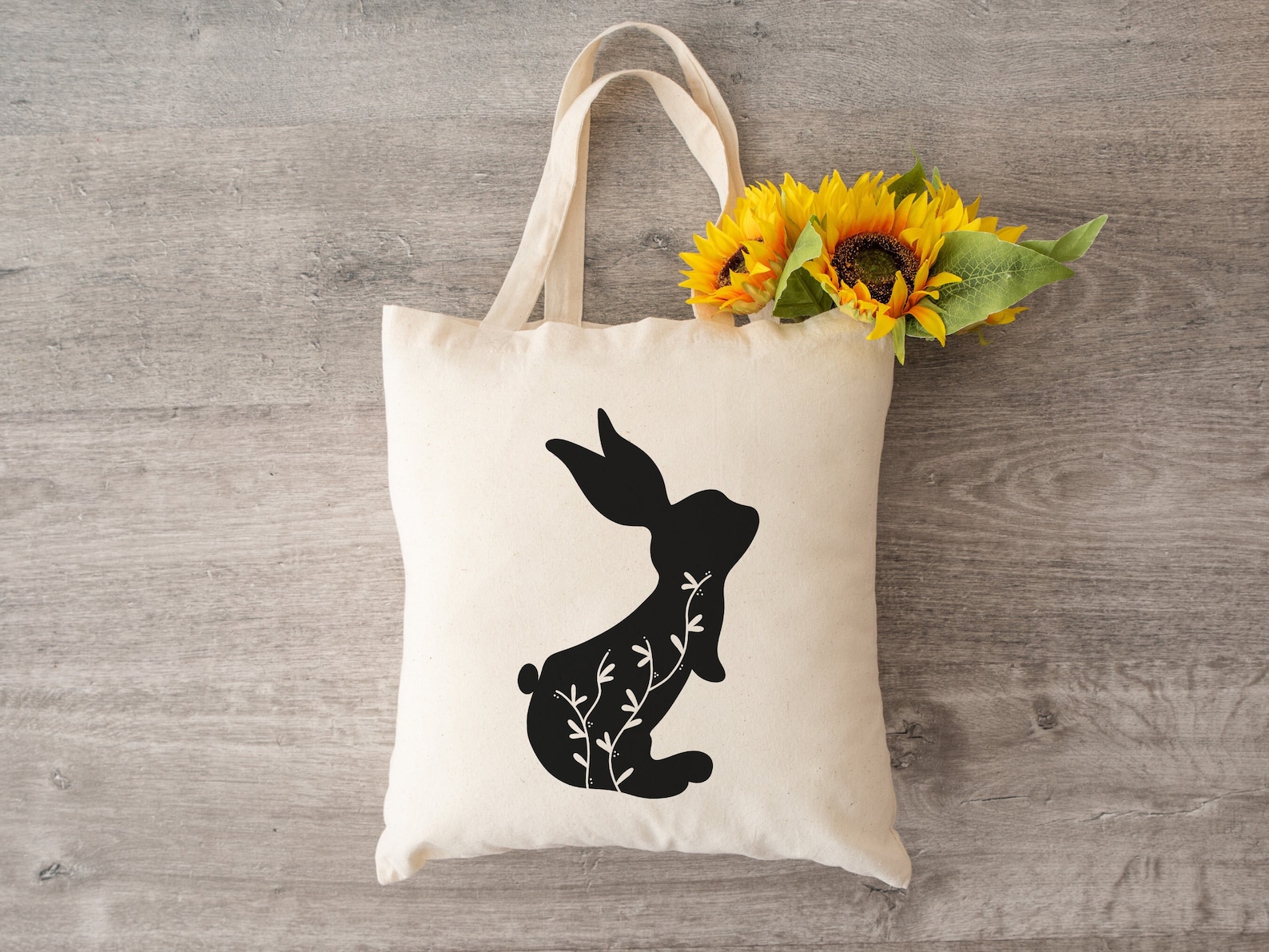 Black Botanical Bunny Tote Bag, Simple and Minimalist Canvas Book Bag ...