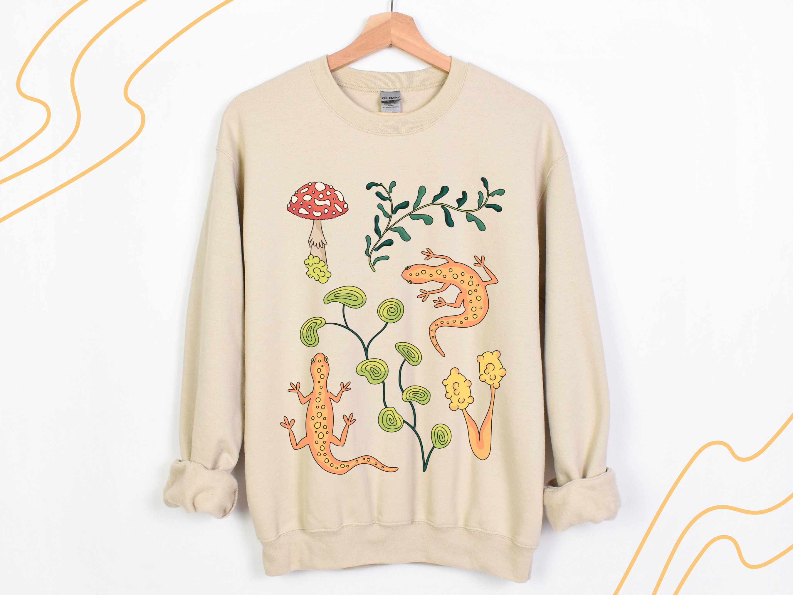 Woodland Doodle Art Crewneck, Newt Mushroom & Plants Illustration ...
