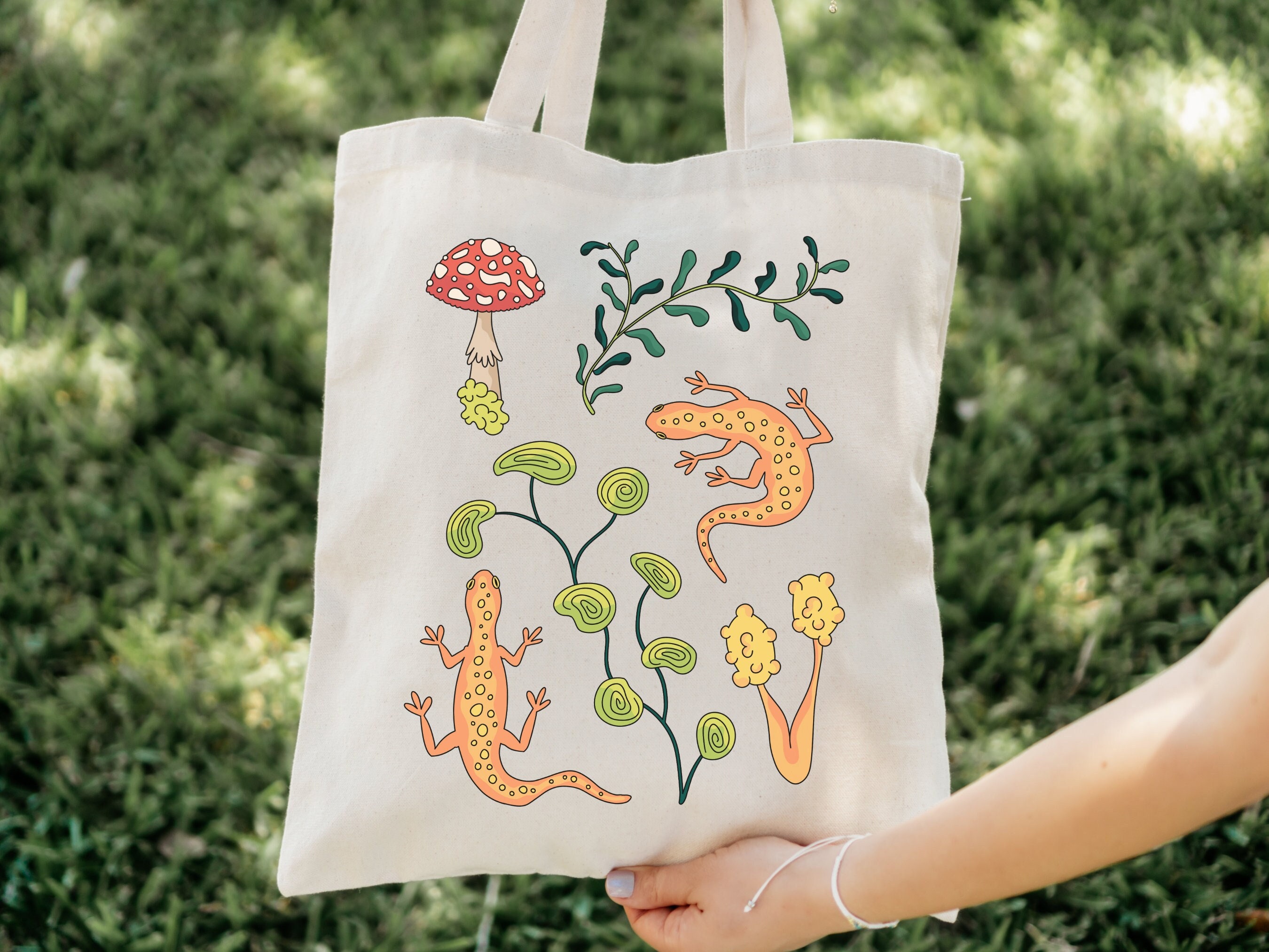 Woodland Doodle Art Tote, Newt Mushroom & Plants Illustration Reusable ...