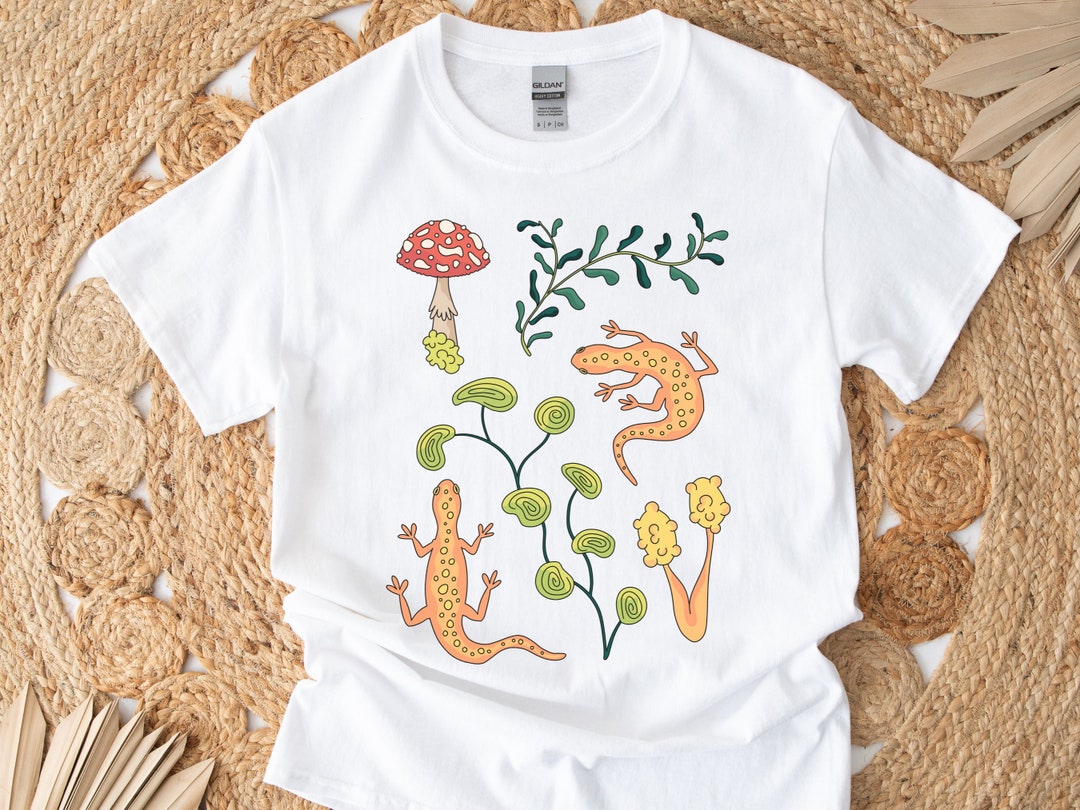 Woodland Doodle Art Tee, Newt Mushroom & Plants Illustration Tshirt ...