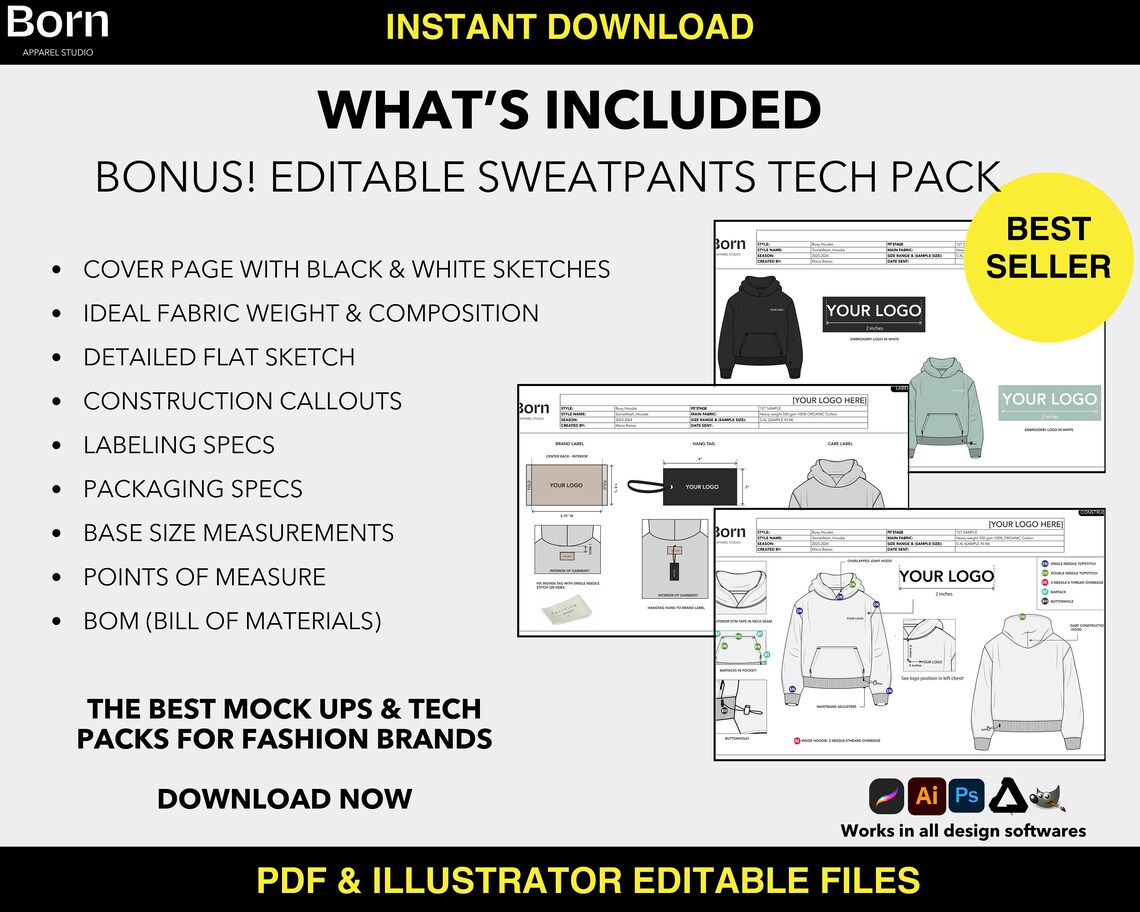 Editable Blank Tech Pack Template, BONUS Editable Sweatshirt Tech Pack ...