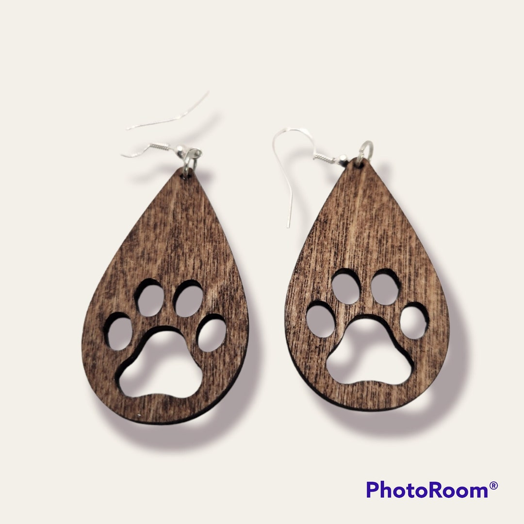 Wood Paw Print Earrings, Laser Cut Earrings, Tear Drop Shape, Wood ...