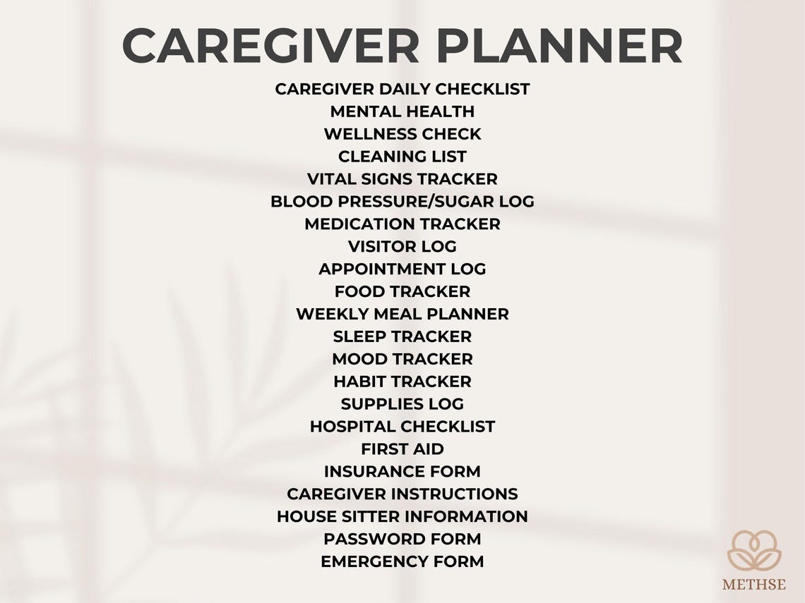 Caregiver Planner, Daily Log Checklist, Caregiver Guide Worksheet Form ...