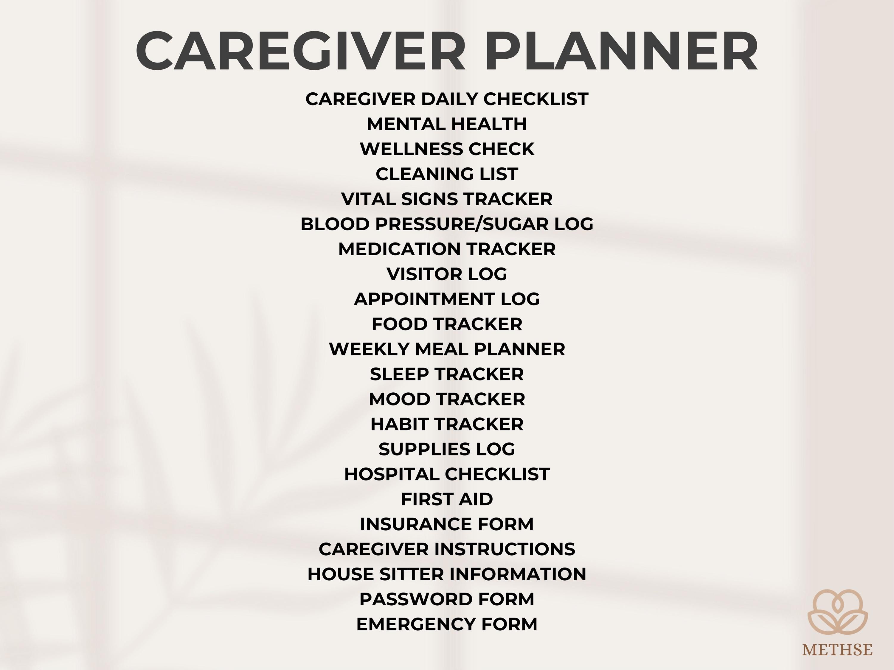 Caregiver Planner, Daily Log Checklist, Caregiver Guide Worksheet Form ...