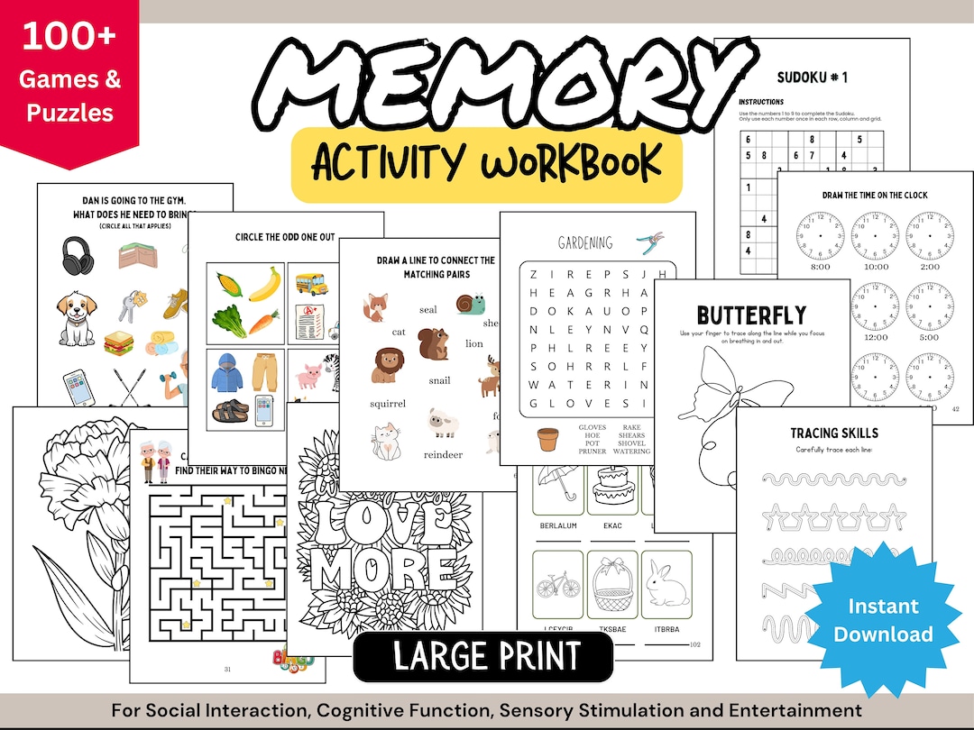 Memory Activity Workbook for Seniors, Dementia Activities, Stroke ...