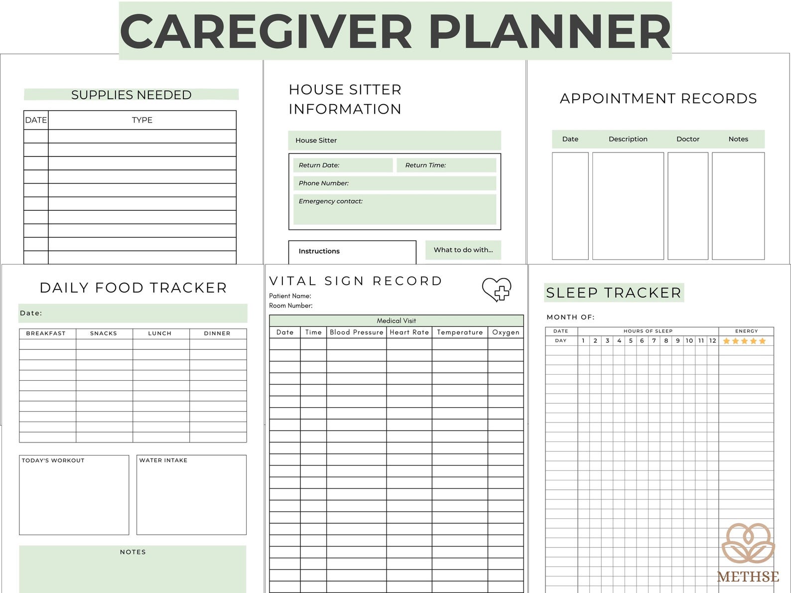 Caregiver Planner, Daily Log Checklist, Caregiver Guide Worksheet Form ...
