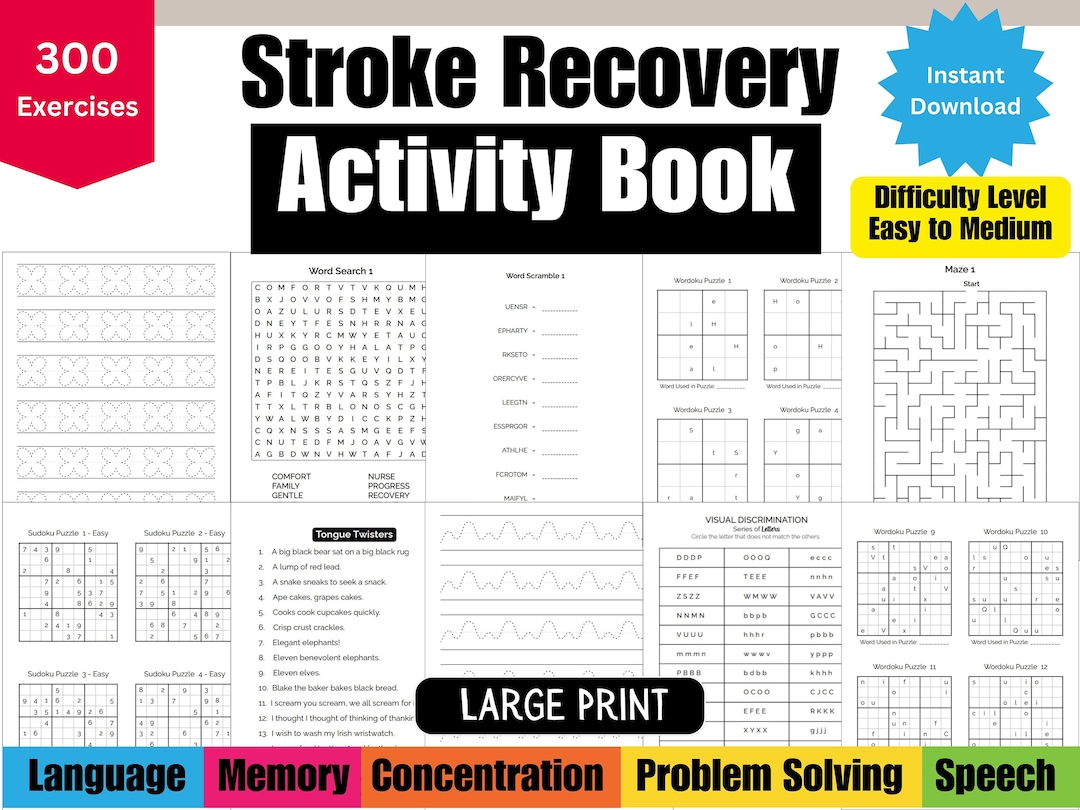 Stroke Recovery Activity Book for Seniors: Large Print Puzzles (digital ...