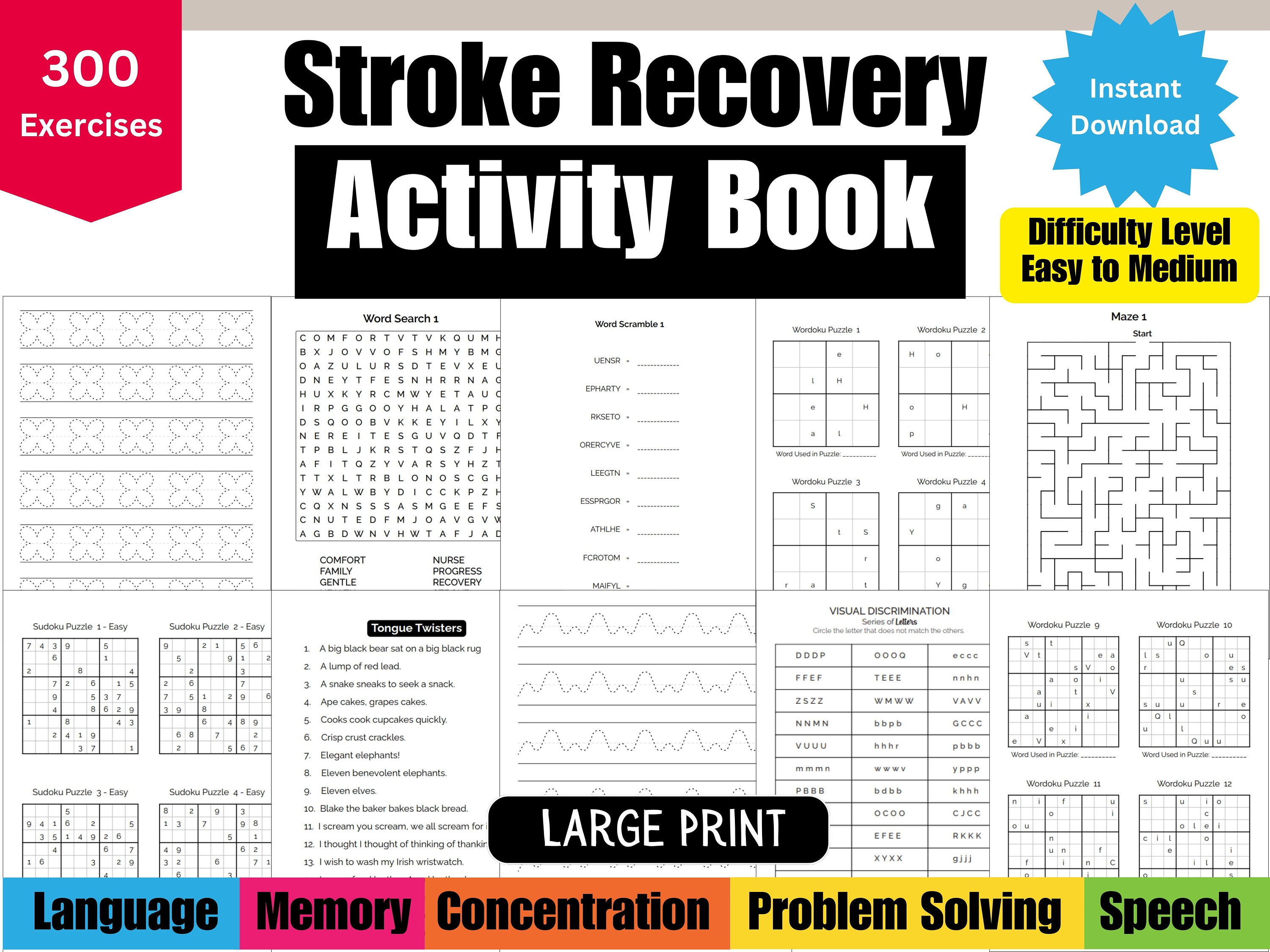 Stroke Recovery Activity Book for Seniors: Large Print Puzzles (digital ...