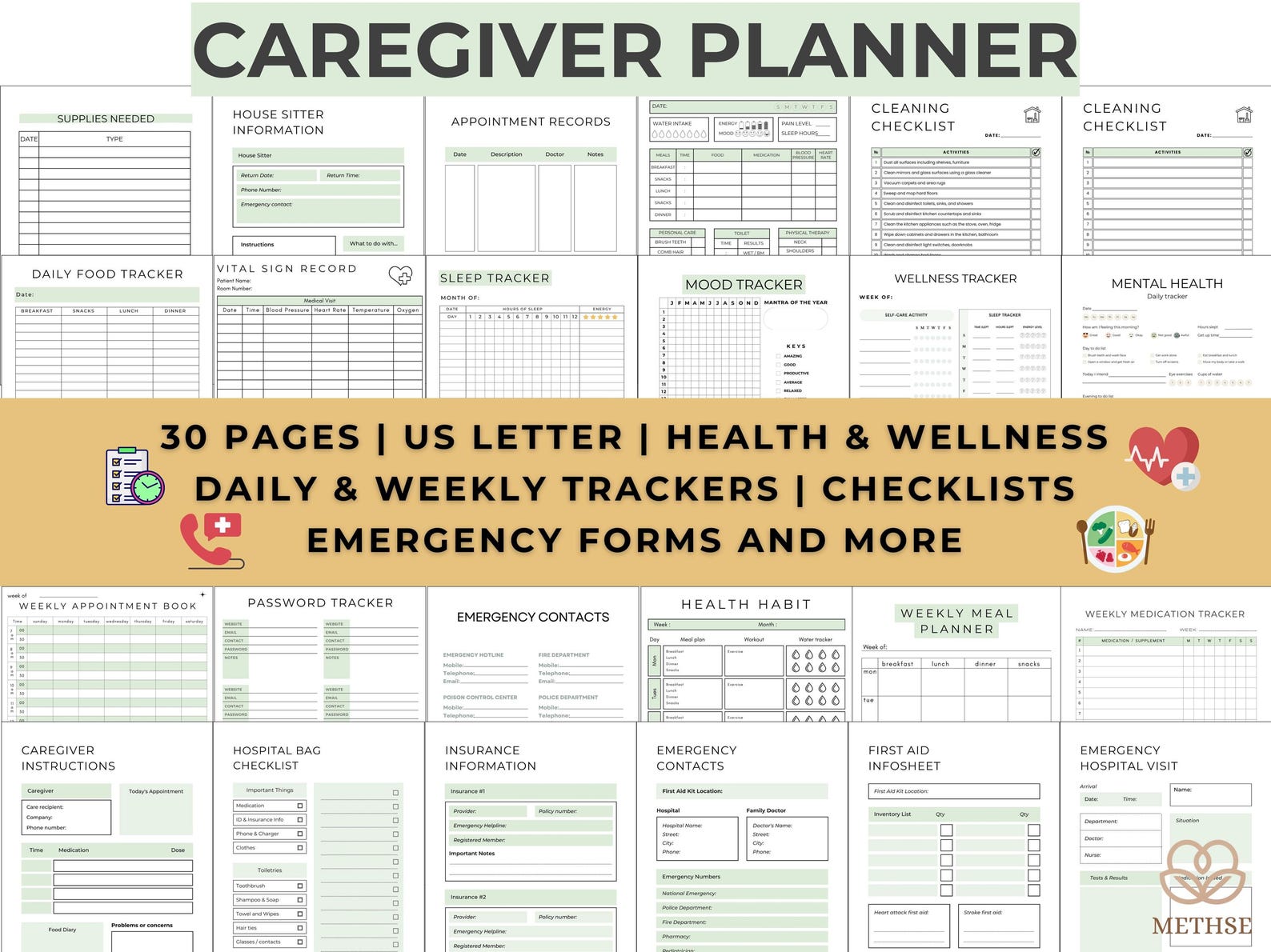 Caregiver Planner, Daily Log Checklist, Caregiver Guide Worksheet Form ...