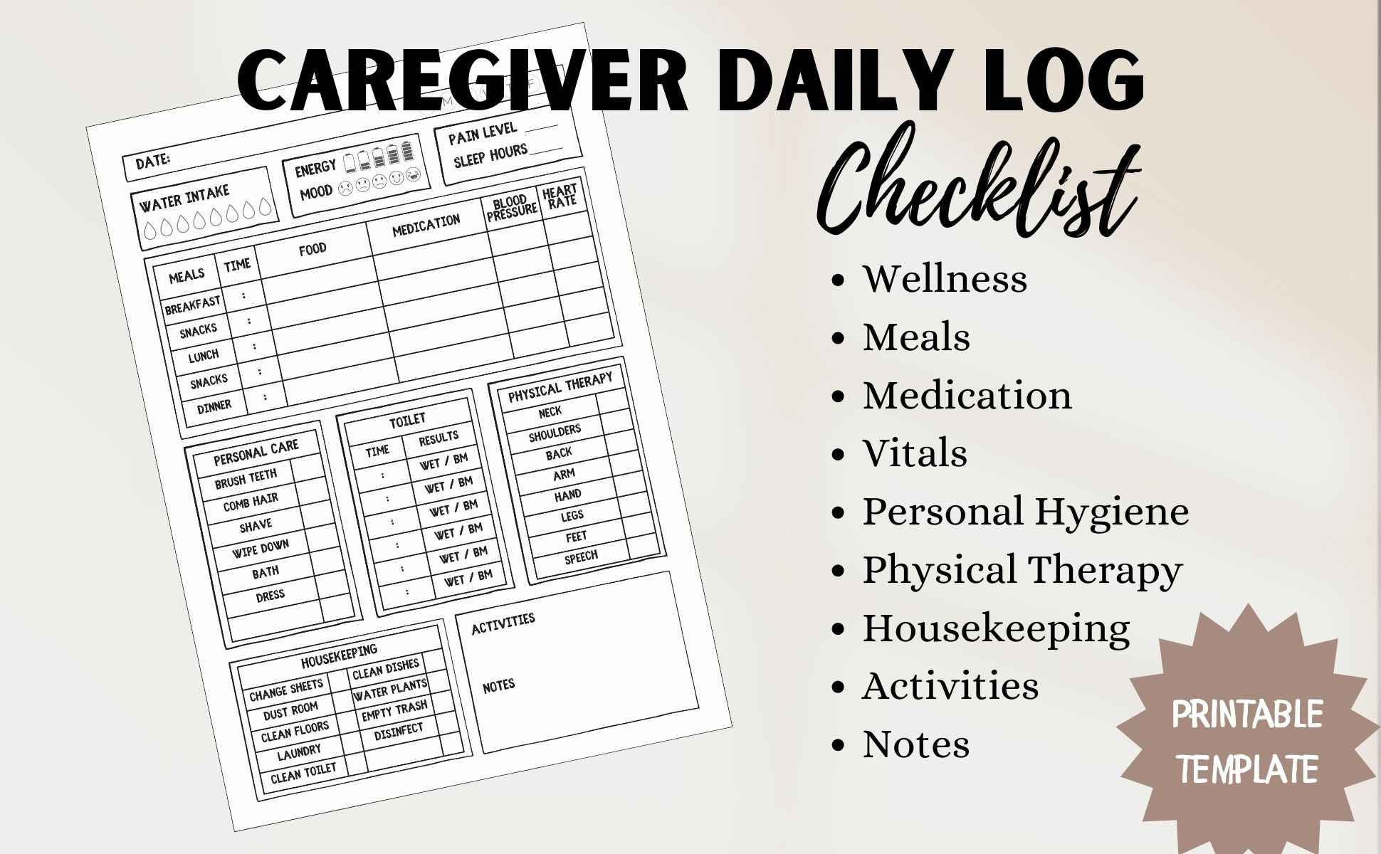 Caregiver Daily Log Checklist: Printable Task Template (digital ...