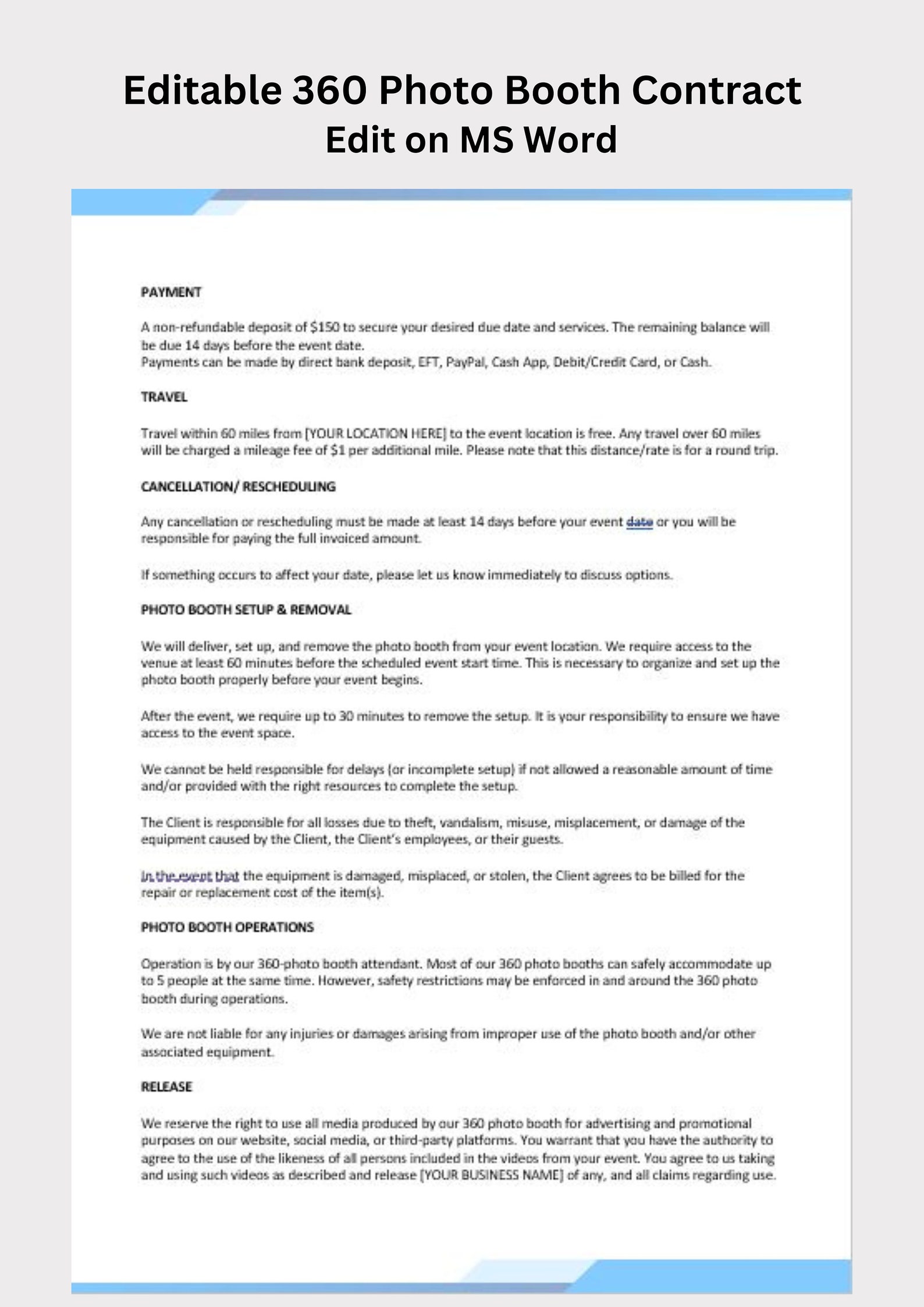 360 Photo Booth Contract, 360 Booth Contract, 360 Video Booth Contract ...