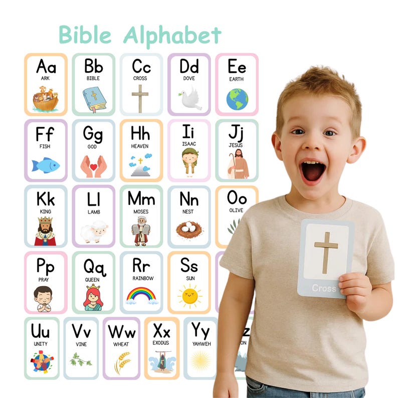 Kids Bible Alphabet Poster & Bible Flashcards Bundle | Christian ...