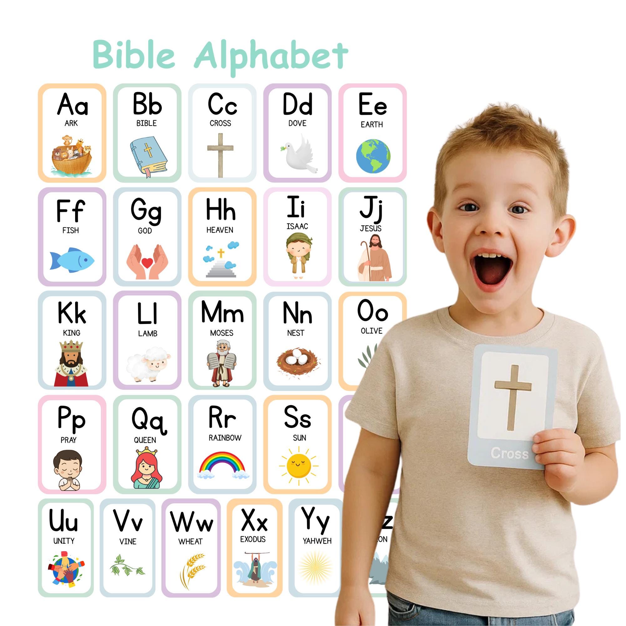 Kids Bible Alphabet Poster & Bible Flashcards Bundle | Christian ...