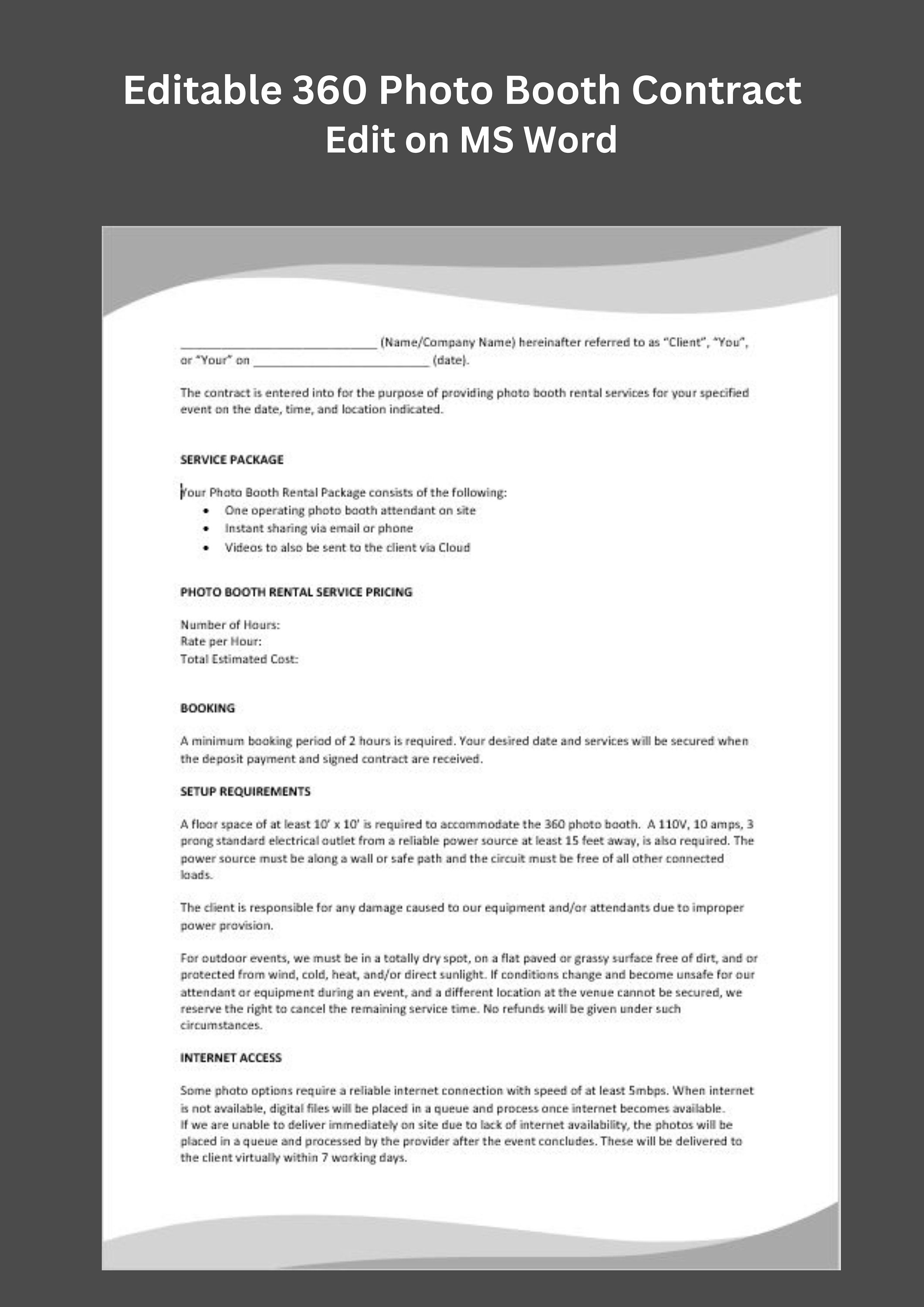 360 Photo Booth Contract Template: MS Word Rental Agreement (instant ...