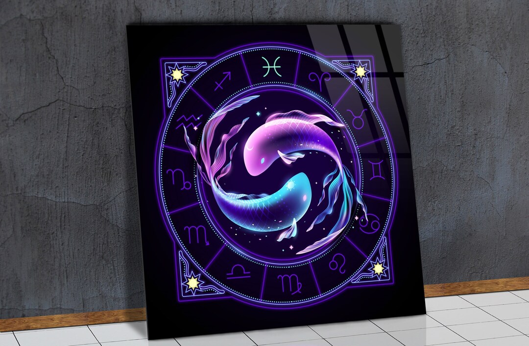 Neon Pisces Zodiac Signs and Neon Astrology Tempered Glass Wall Art ...