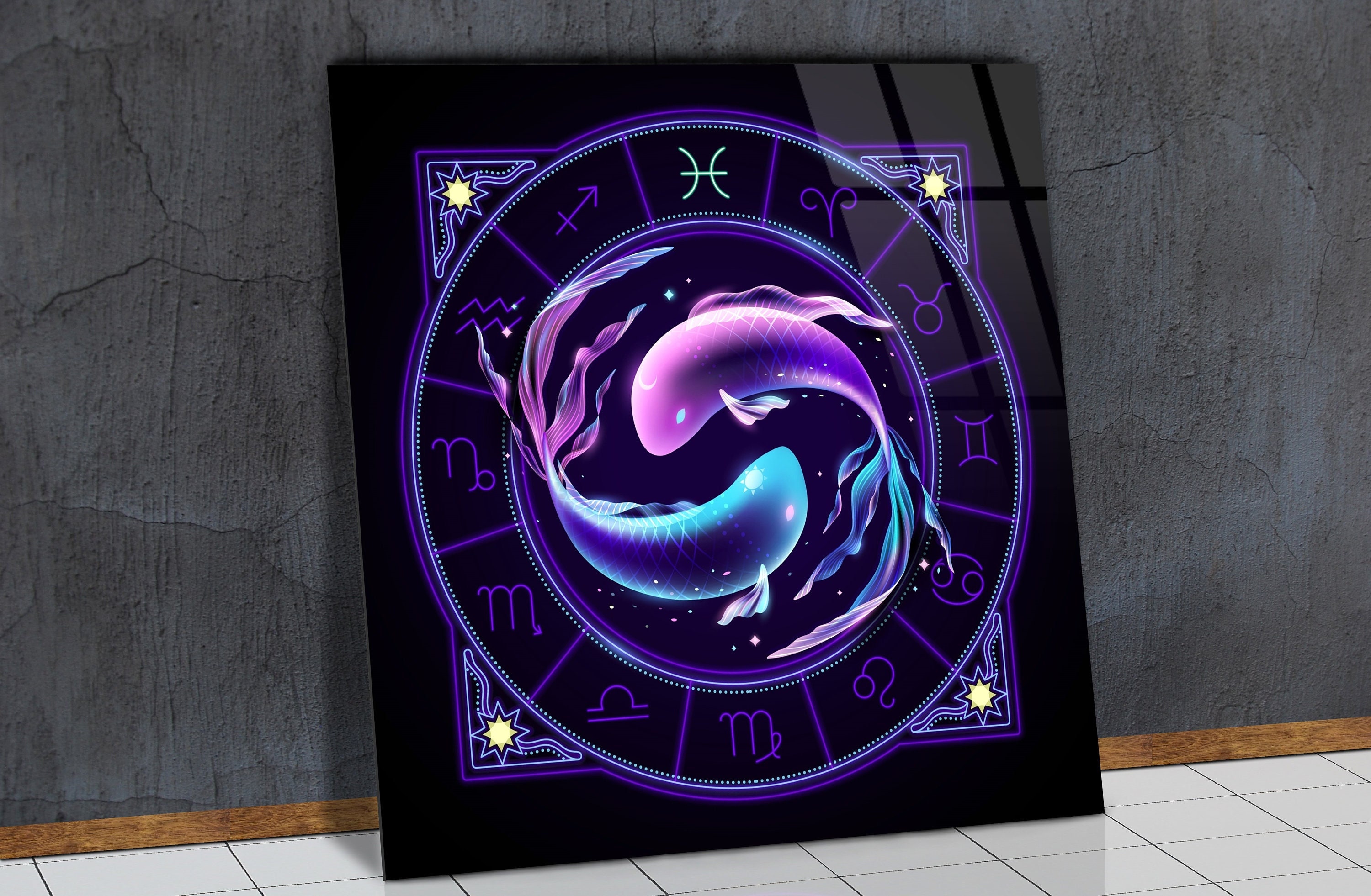 Neon Pisces Zodiac Signs and Neon Astrology Tempered Glass Wall Art ...