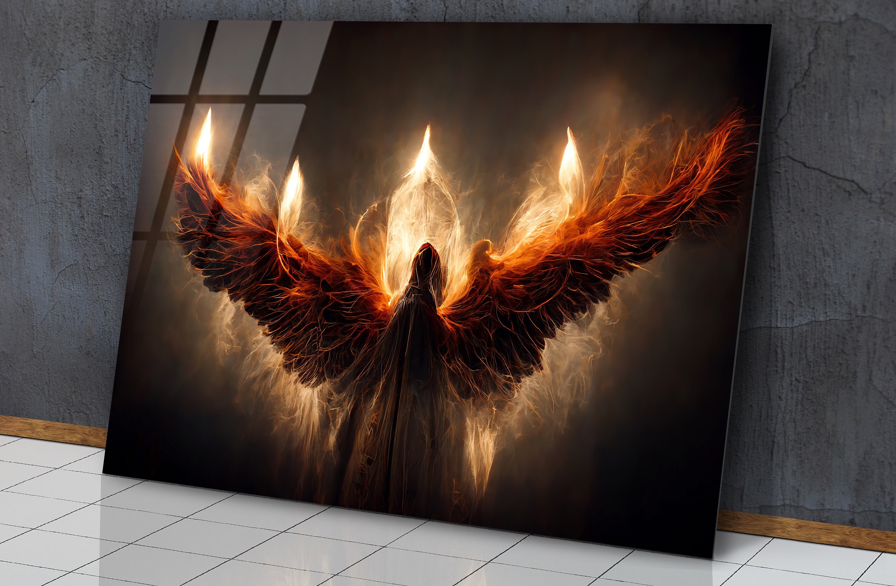 Fallen Angel of Death Glass Wall Art, Lucifer With Glowing Fire Wings ...