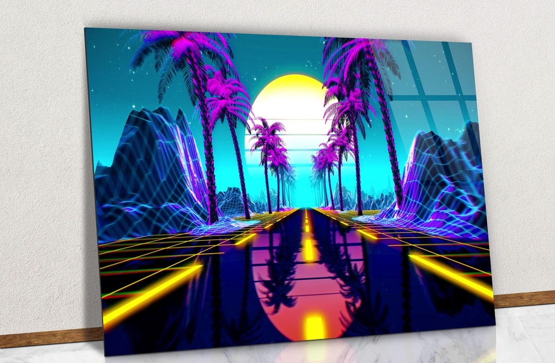 Neon Retrowave Road Glass Wall Art, Neon Glossy 80s Retro Abstract ...