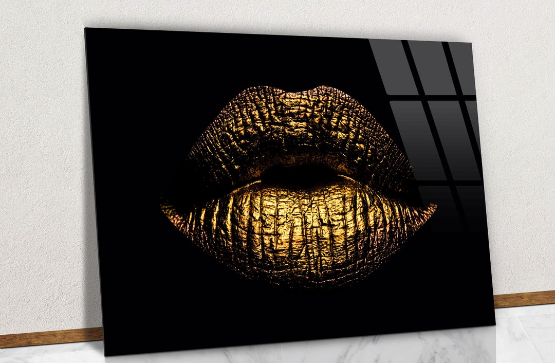 Gold Lips Glass Wall Art, Golden Lip Gloss on Beauty Women Glass Print ...