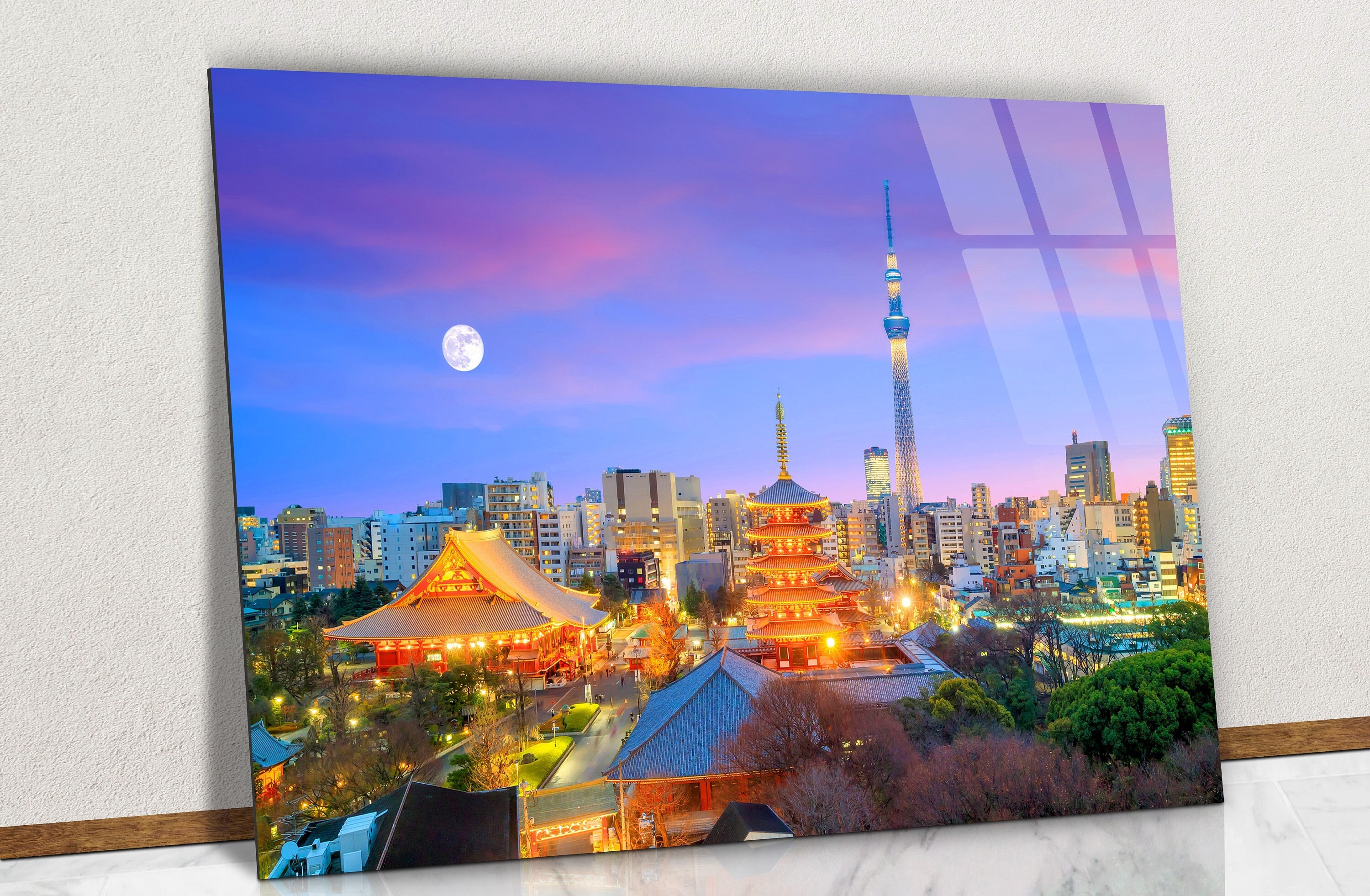 Senso-ji Temple and Tokyo Skyline at Dusk in Japan View Glass Wall Art ...