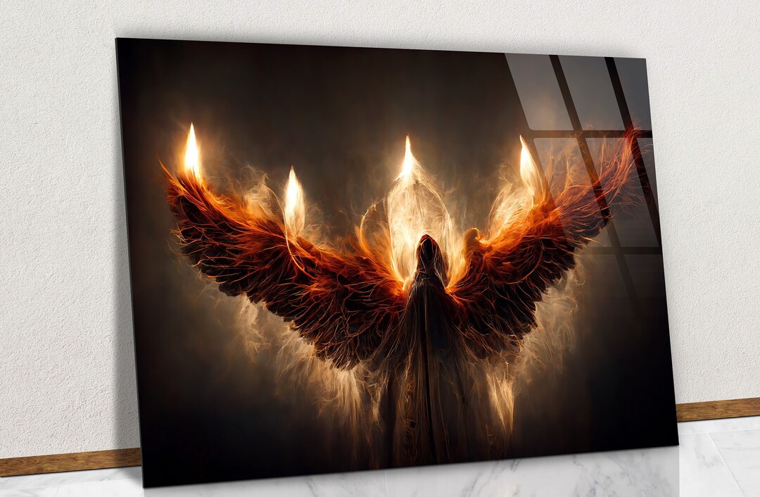 Fallen Angel of Death Glass Wall Art, Lucifer With Glowing Fire Wings ...