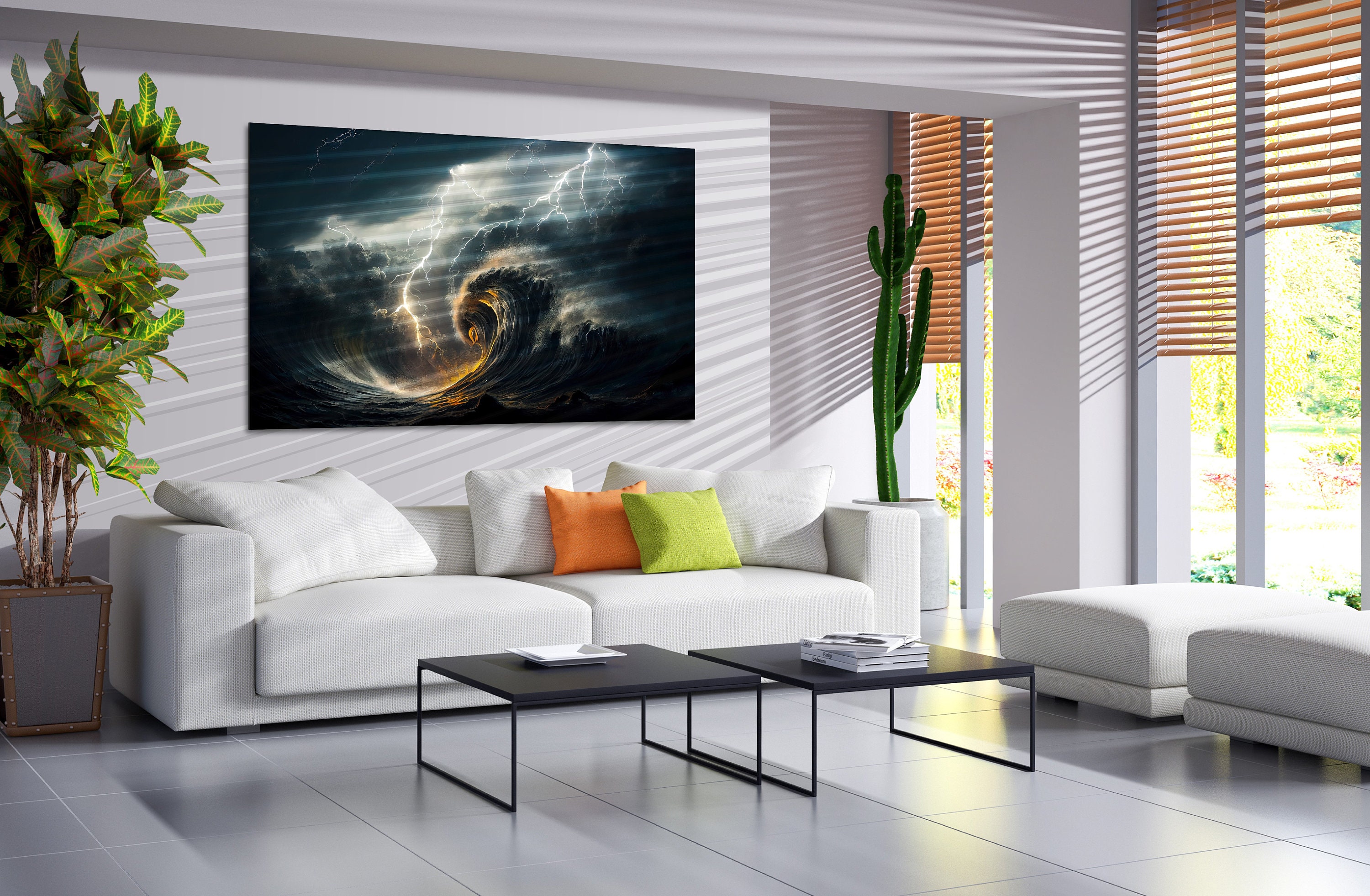 A Strong Storm in the Ocean Glass Wall Art, Lightning Falling From Dark ...