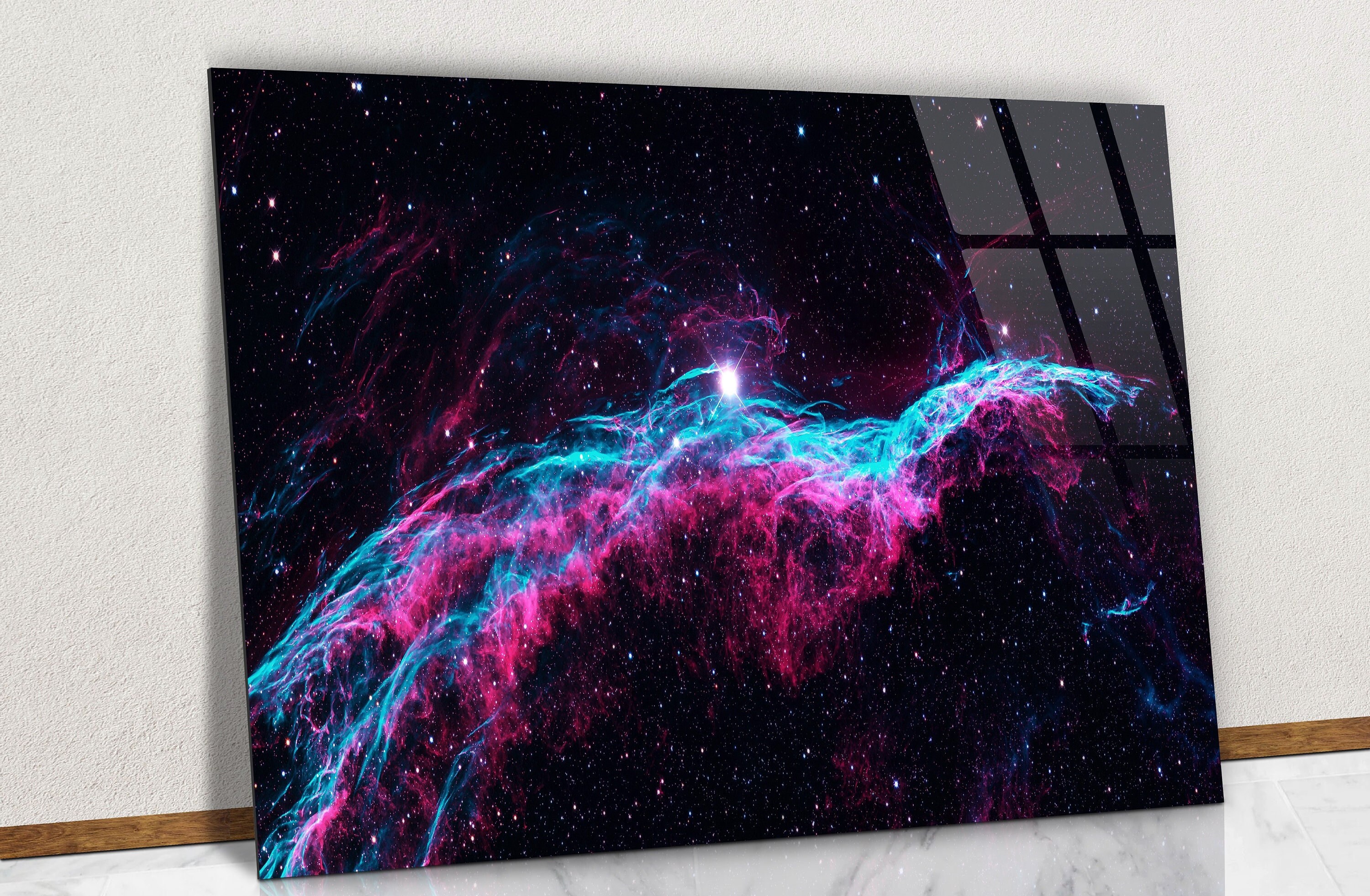 The Veil Nebula and the Witch Broom Nebula Glass Wall Art, Blue and ...